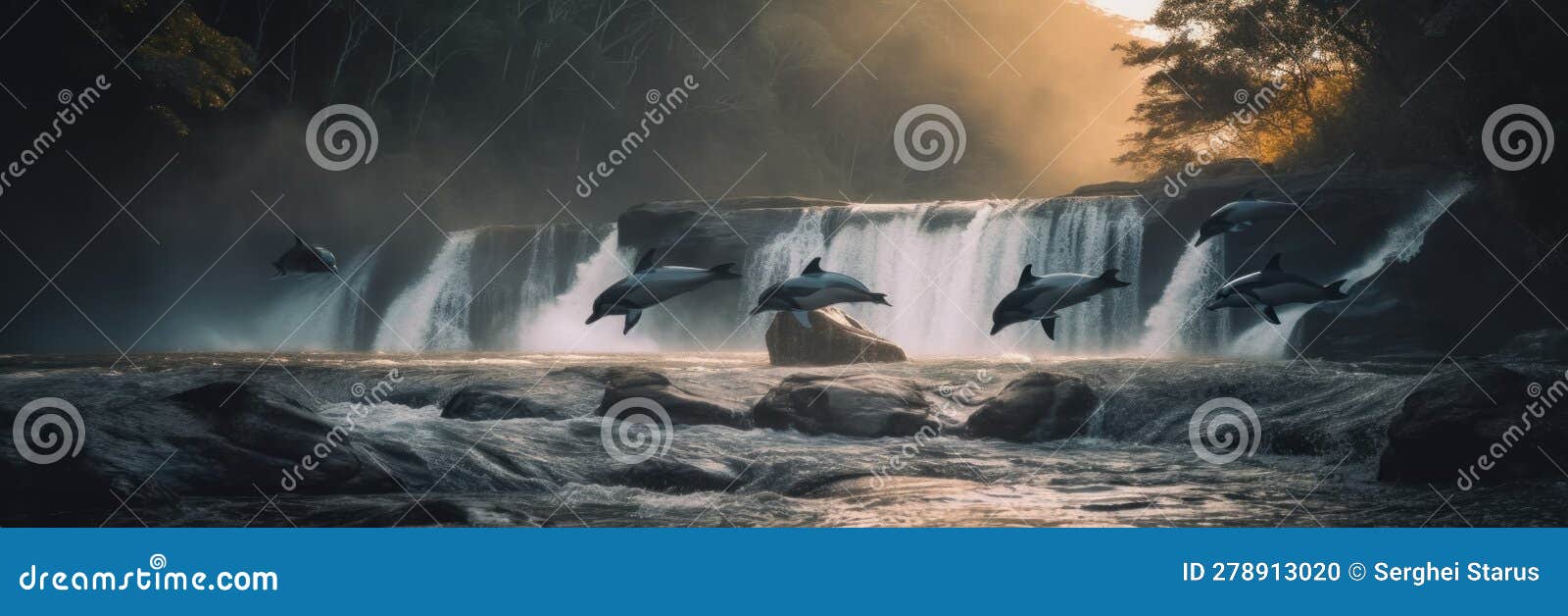A Group of Dolphins Jumping Over a Waterfall. Generative AI Image ...