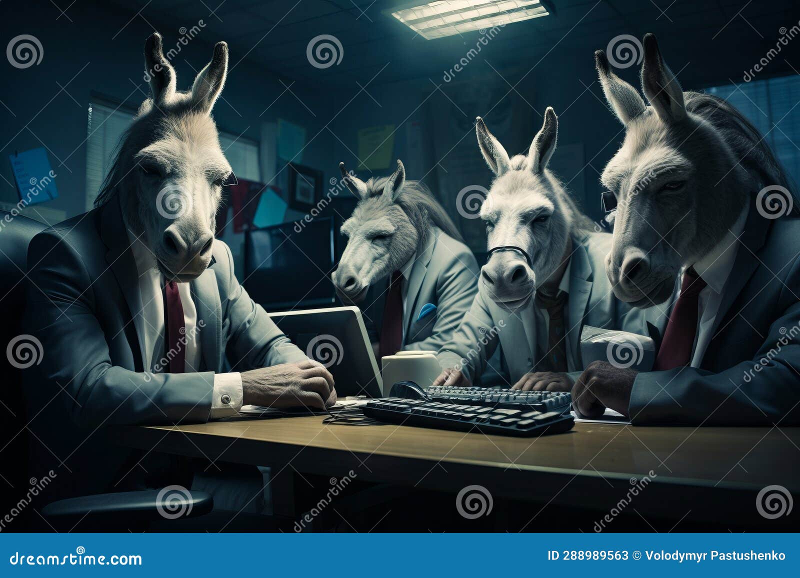 Group of Donkeys Sitting at Desk with Computer. Generative AI Stock ...