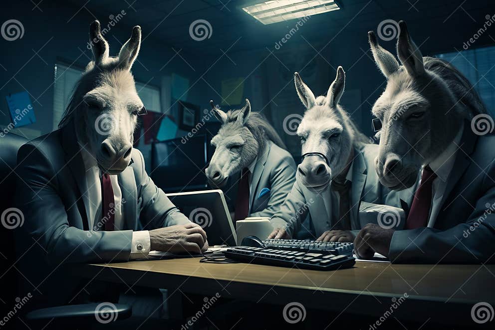 Group of Donkeys Sitting at Desk with Computer. Generative AI Stock ...