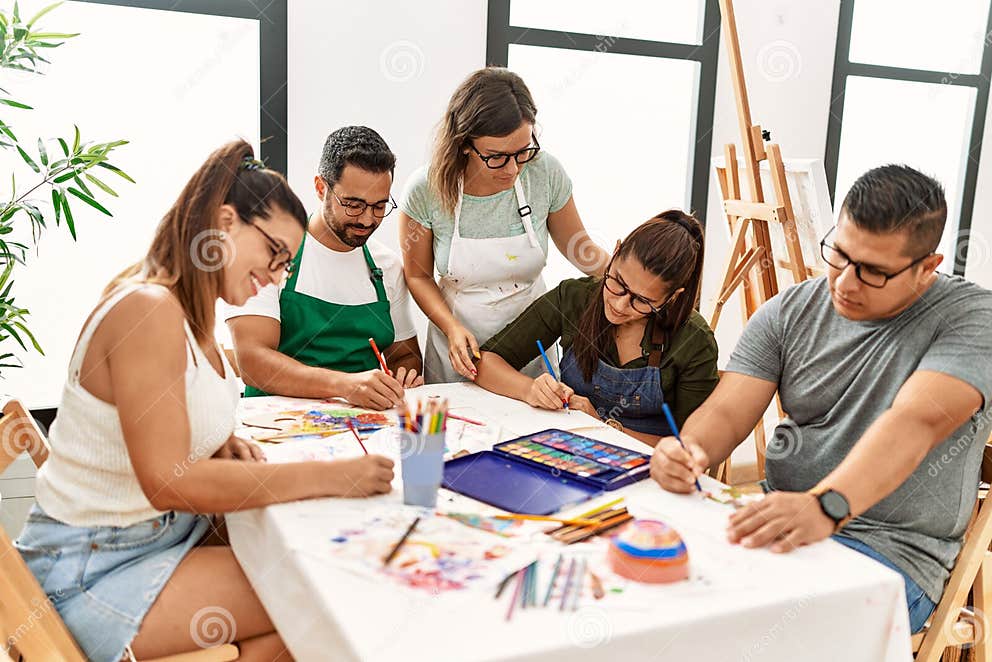 Group of Draw Students Sitting on the Table Drawing at Art Studio Stock ...