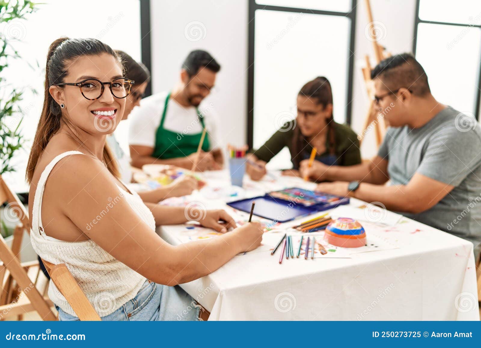 Group of Draw Students Sitting on the Table Drawing at Art Studio Stock ...