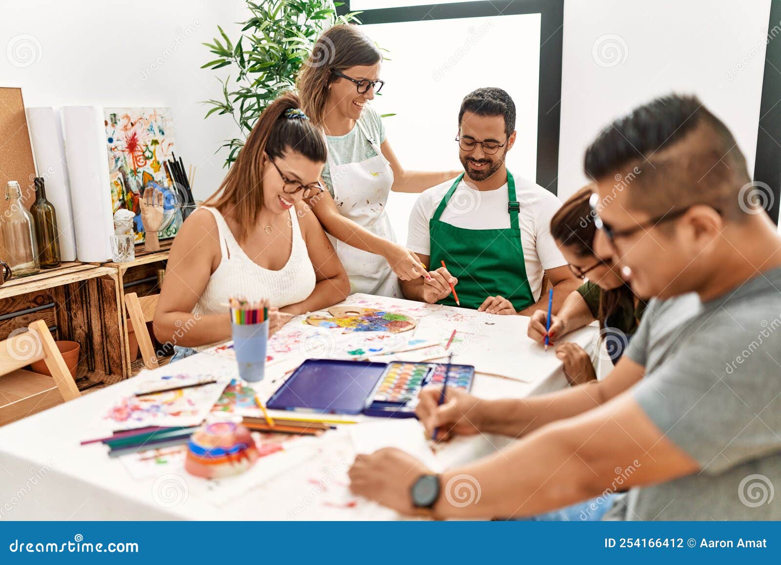 Group of Draw Students Sitting on the Table Drawing at Art Studio Stock ...