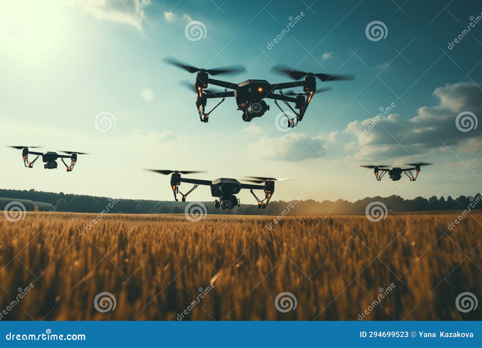 Group of Drones Flies Low Over a Field Stock Illustration ...
