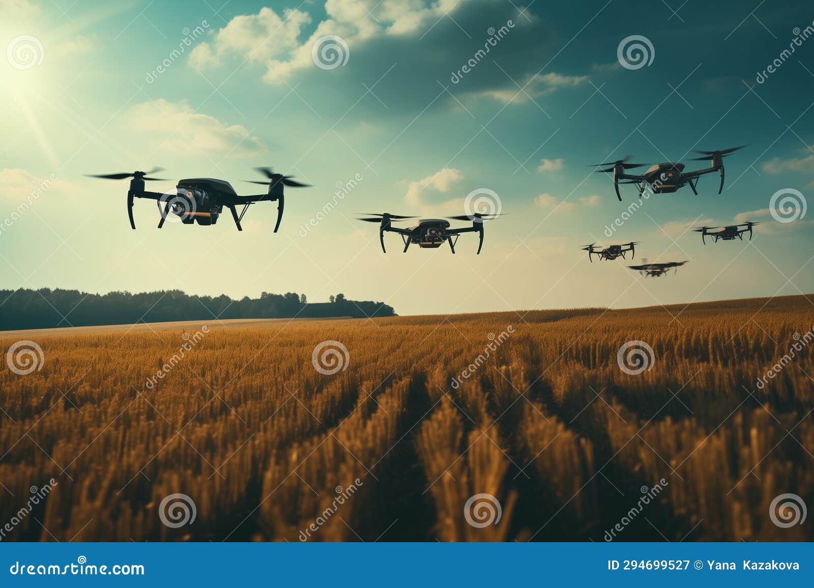 Group of Drones Flies Low Over a Field Stock Illustration ...