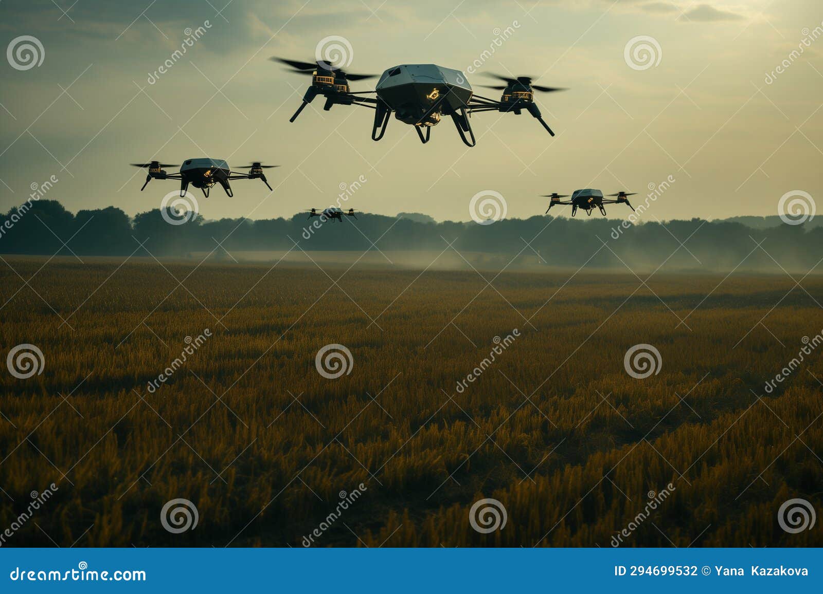 Group of Drones Flies Low Over a Field Stock Illustration ...