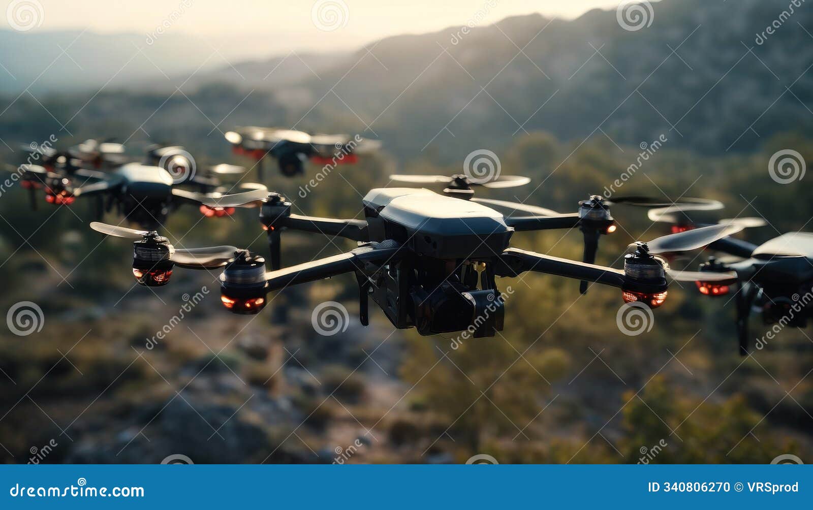 Group of Drones Flying in Formation Over a Mountainous Landscape Stock ...