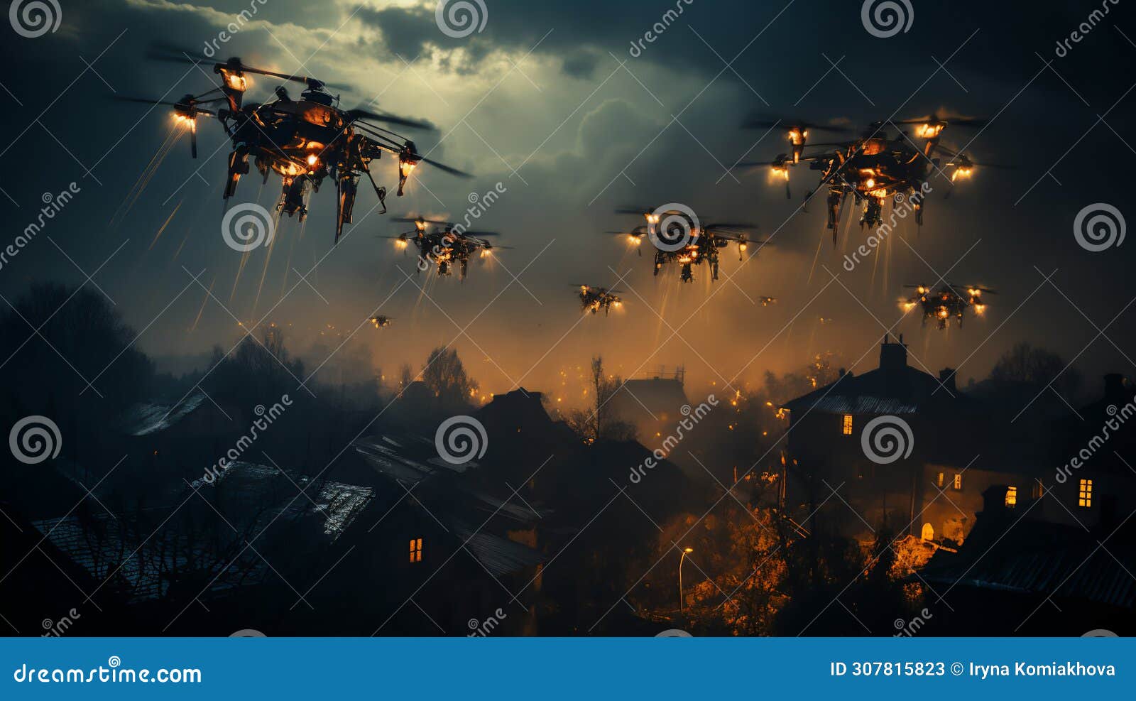 A Group of Drones are Flying Over a City at Night Stock Image - Image ...