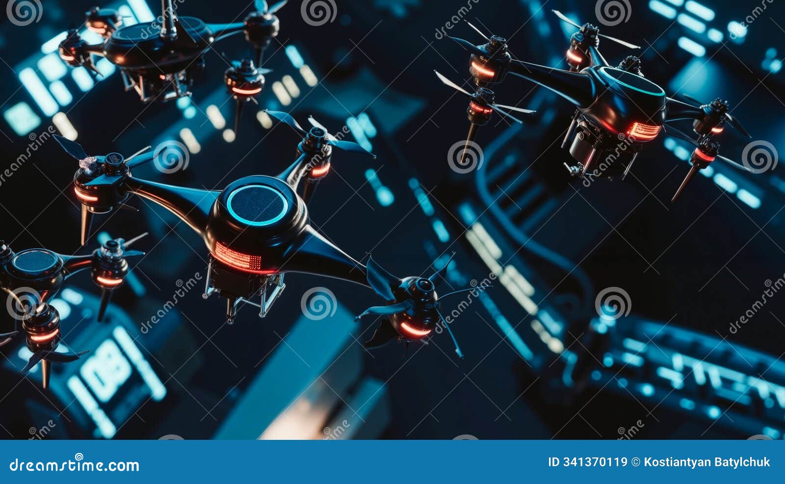 A Group of Drones Flying Over a City at Night Stock Image - Image of ...
