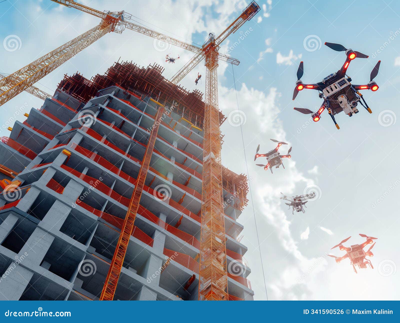 A Group of Drones Flying Over a Tall Building Stock Photo - Image of ...