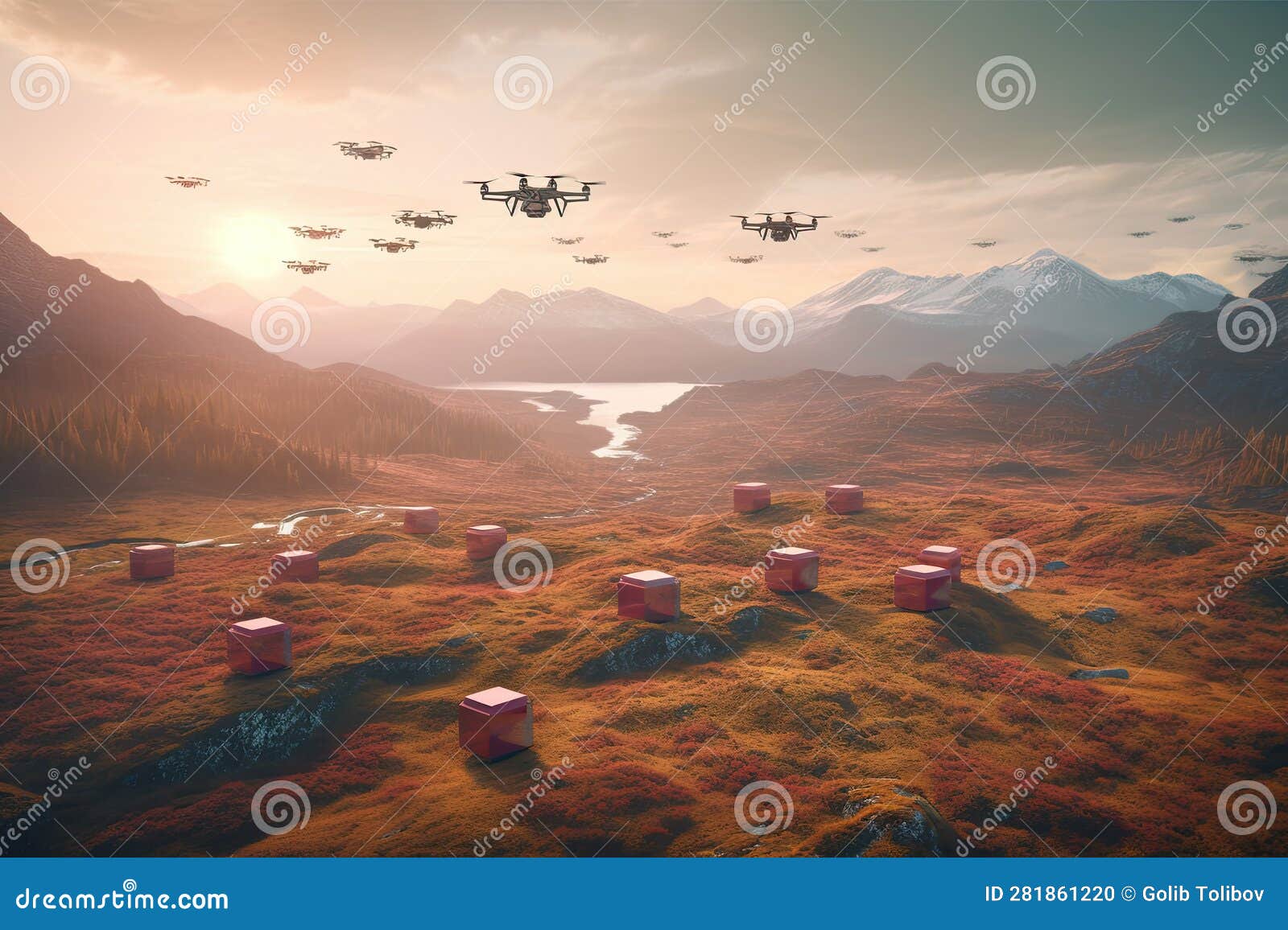 A Group of Drones Flying Over a Valley with Mountains Stock ...