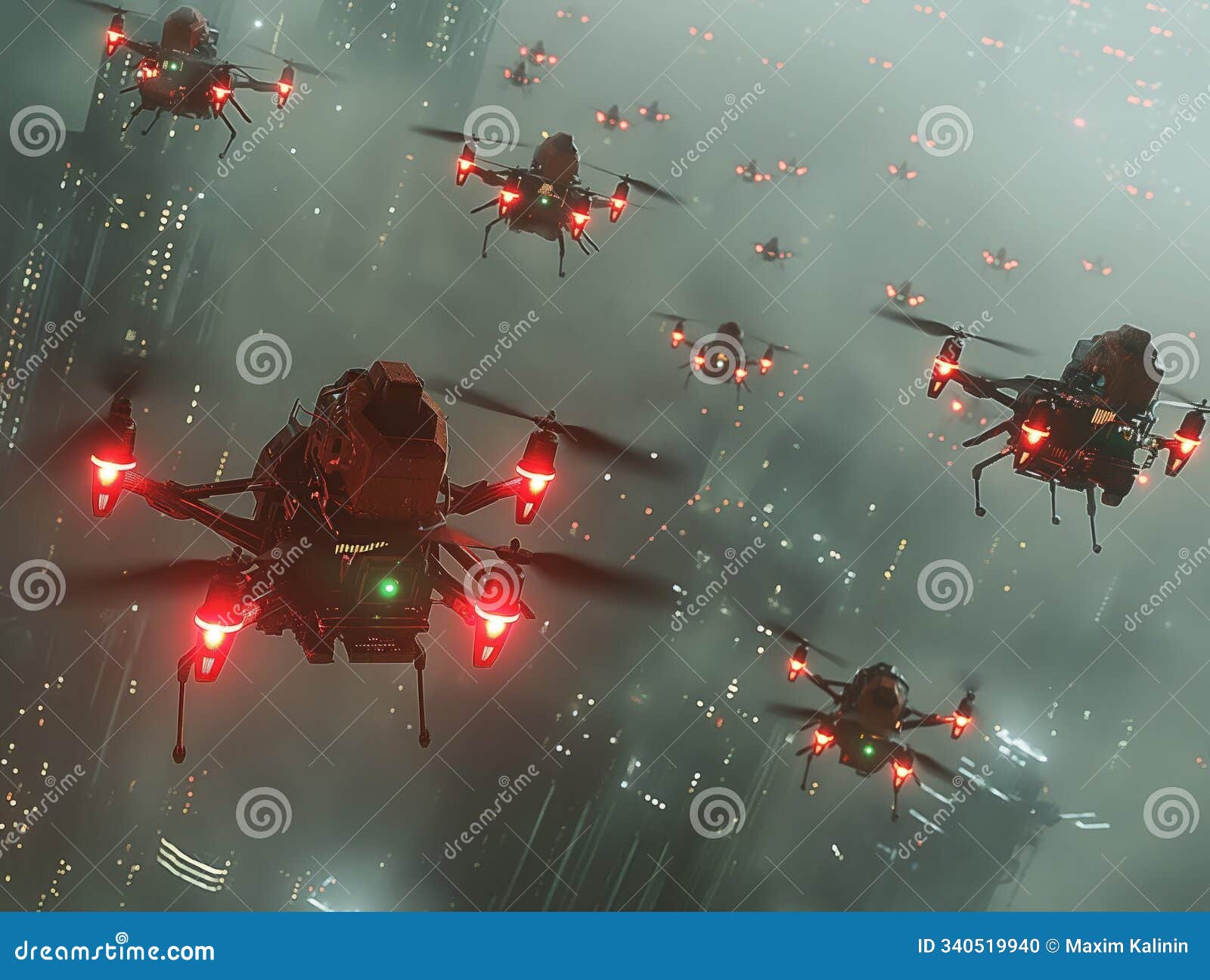 A Group of Drones Flying in the Sky Over a City Stock Photo - Image of ...
