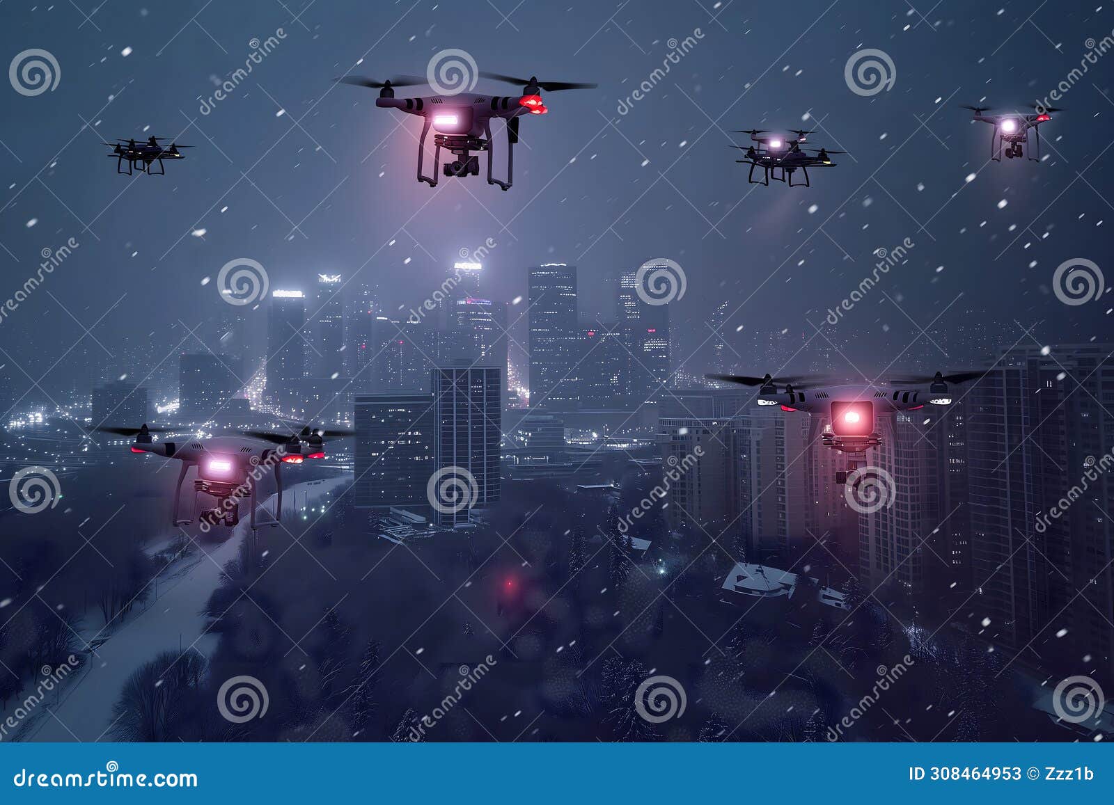 Group of Drones Over City at Snowy Winter Night Stock Image - Image of ...