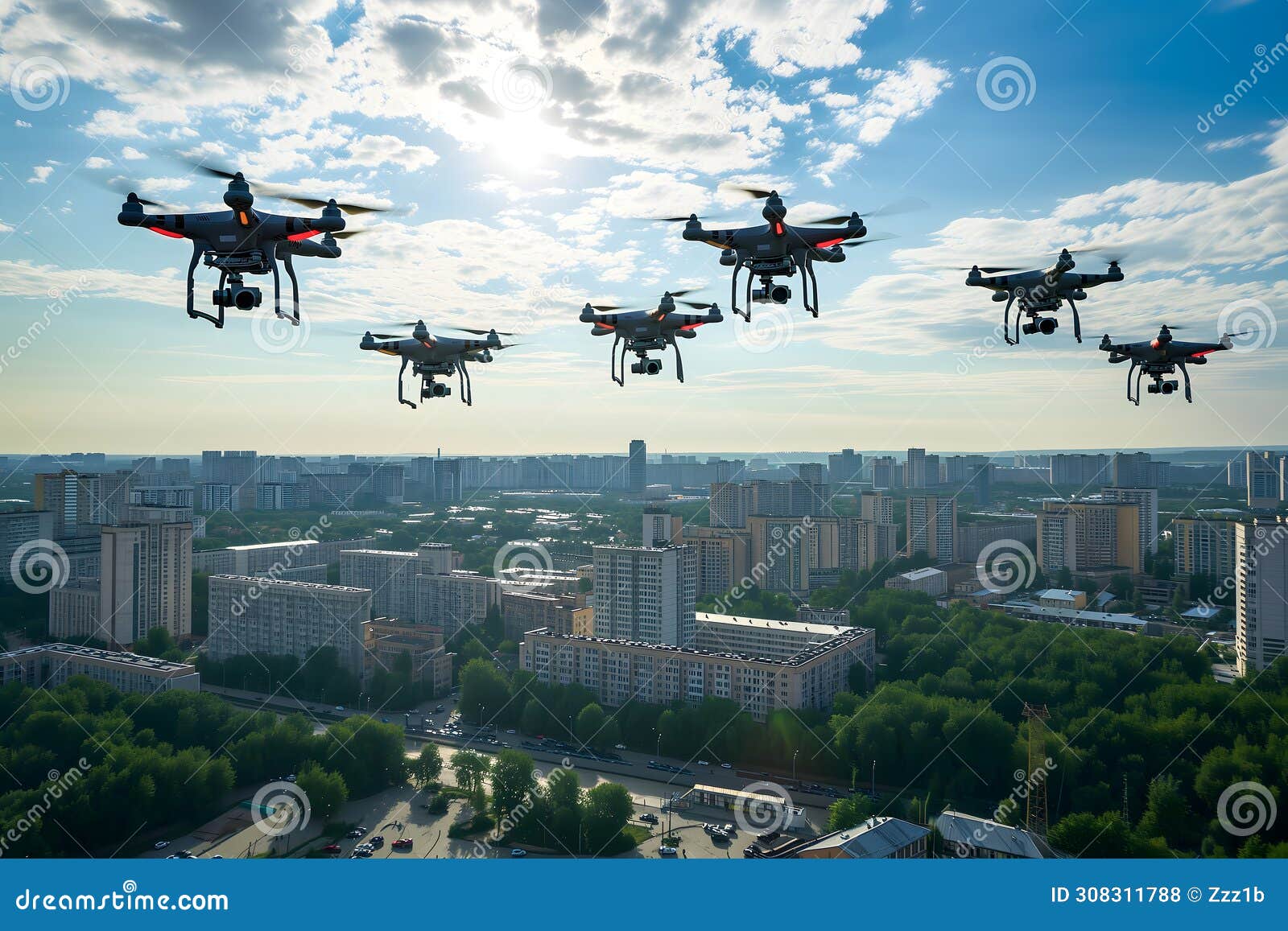 Group of Drones Over City at Summer Day Stock Photo - Image of summer ...