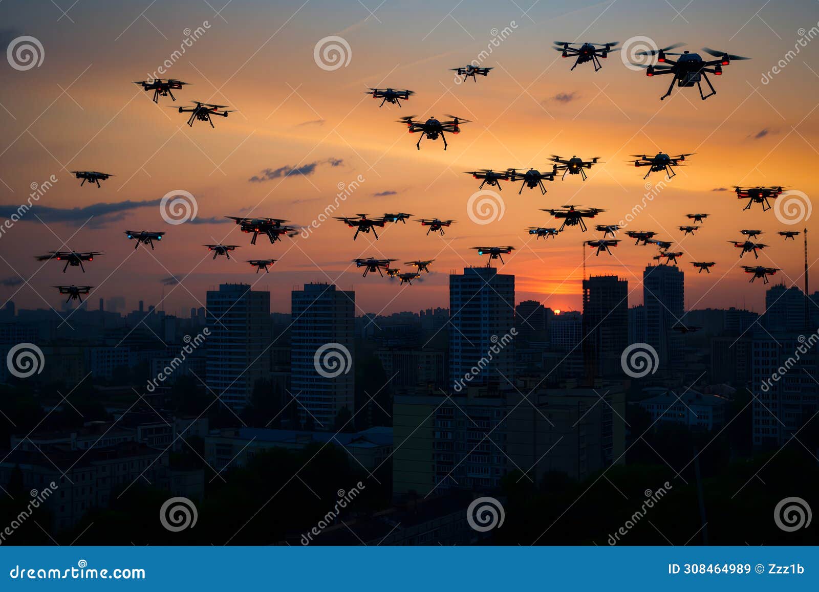 Group of Drones Over City at Summer Morning Stock Image - Image of ...
