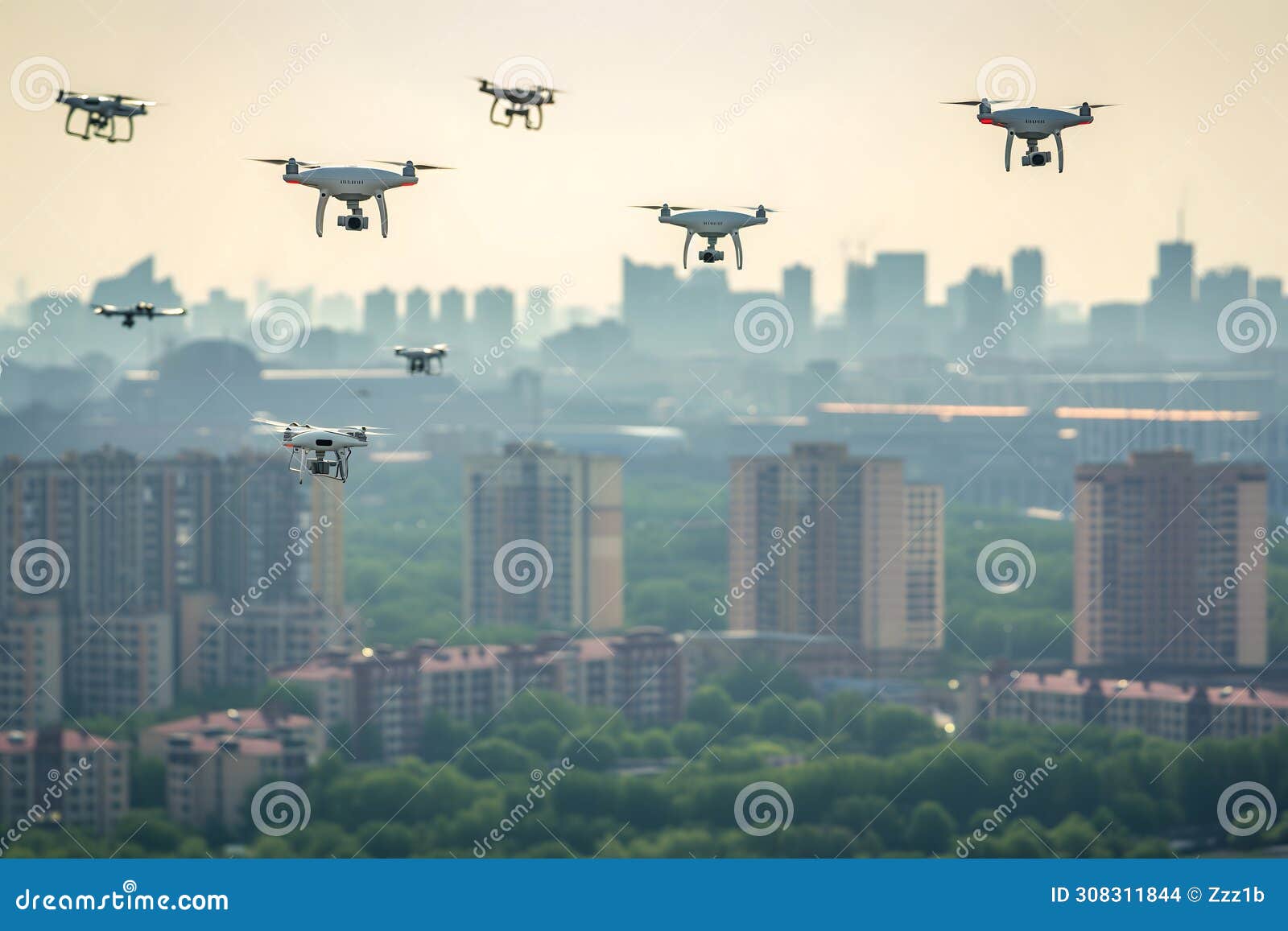 Group of Drones Over City at Summer Morning Stock Photo - Image of high ...