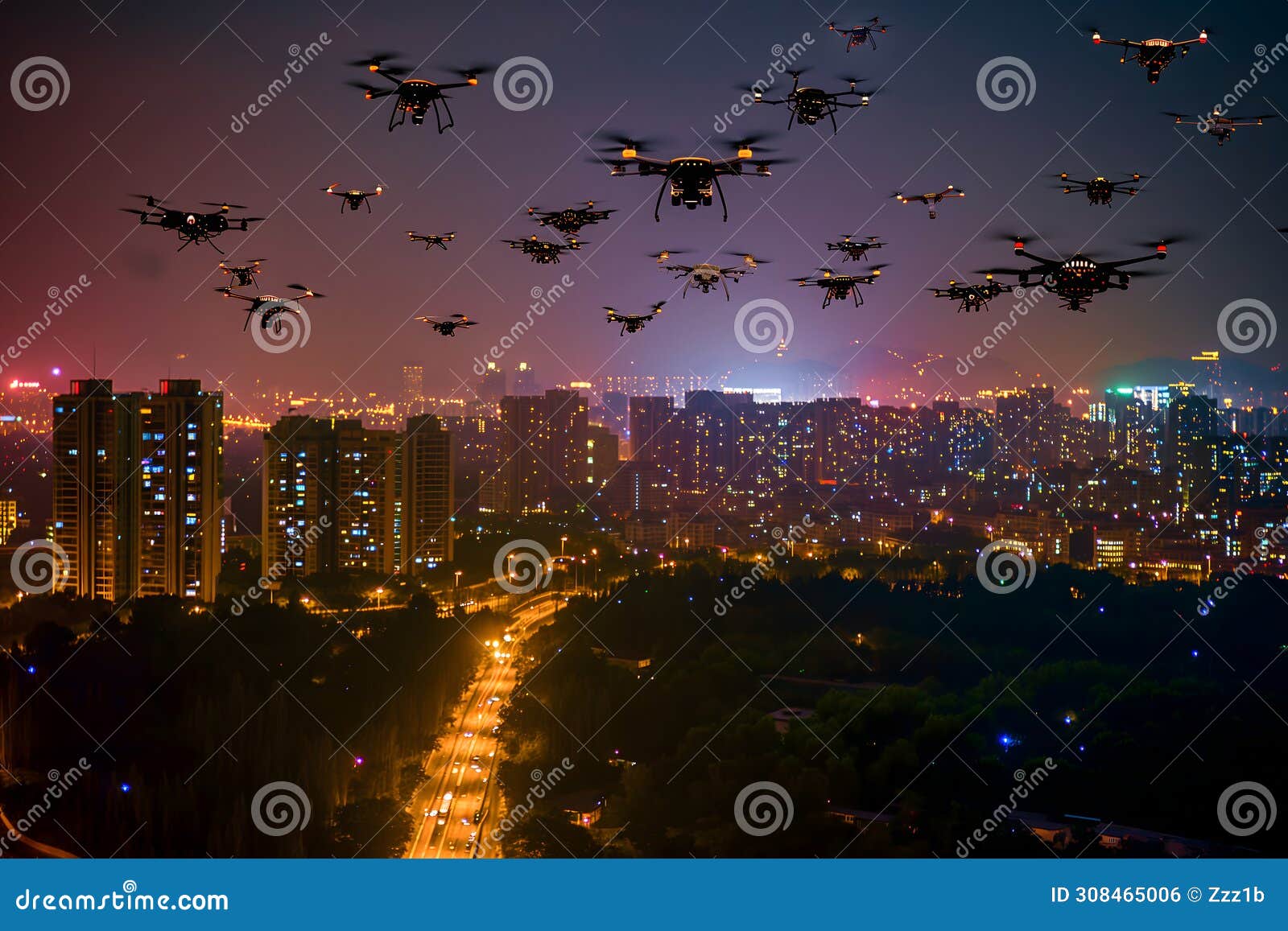 Group of Drones Over City at Summer Night Stock Photo - Image of flying ...