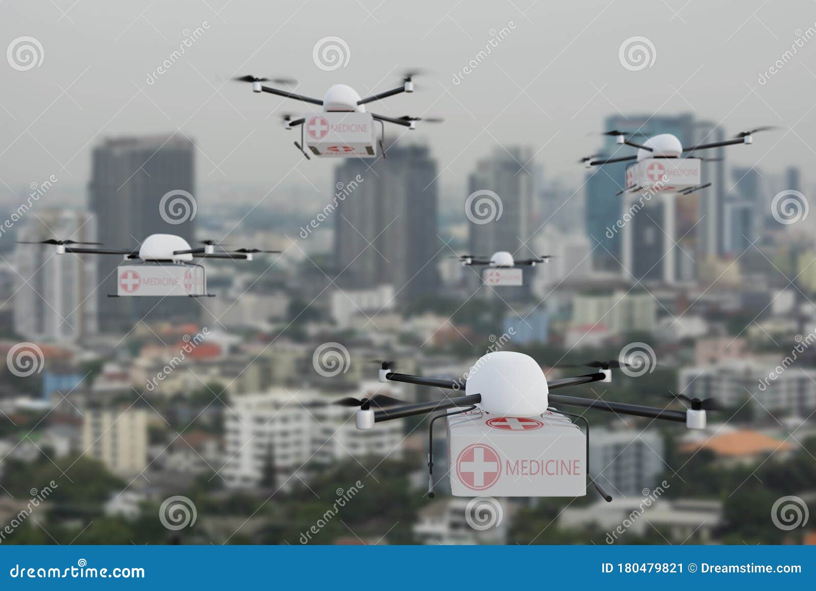 A Group of Drones Transporting with a First Aid Box Flying. with the ...