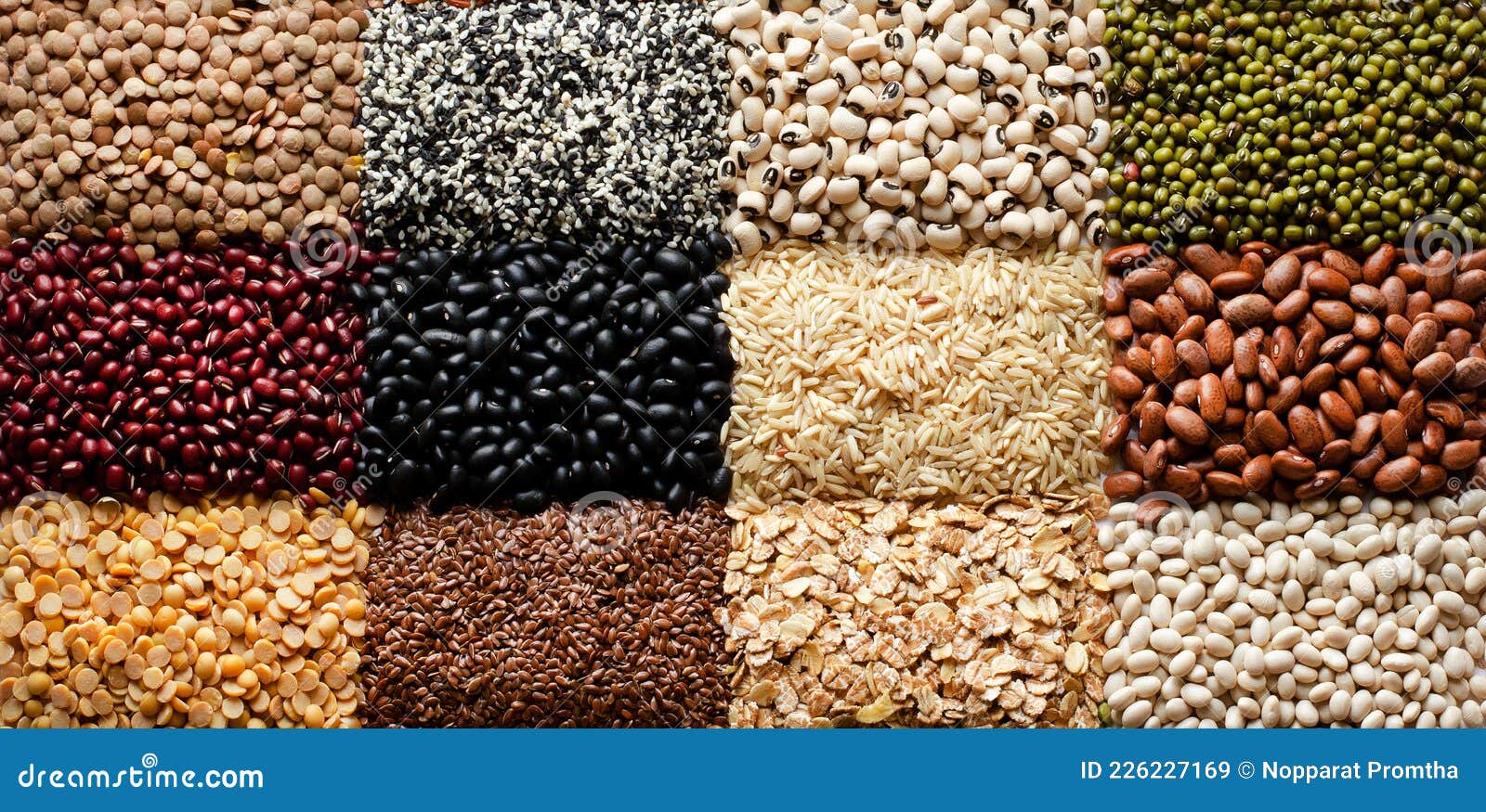 Group of Dry Organic Cereal and Grain Seed in Square Pattern in Dark ...