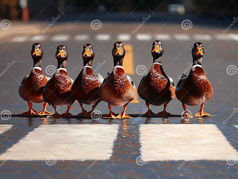 A Group of Ducks Standing in a Row on a Street Stock Image - Image of ...