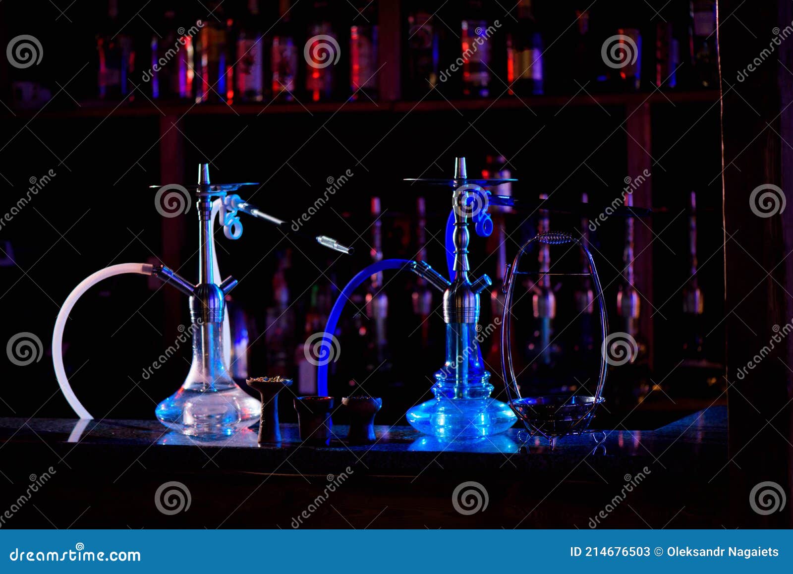 Group of Eastern Hookahs on Table of a Bar. Stock Image - Image of ...