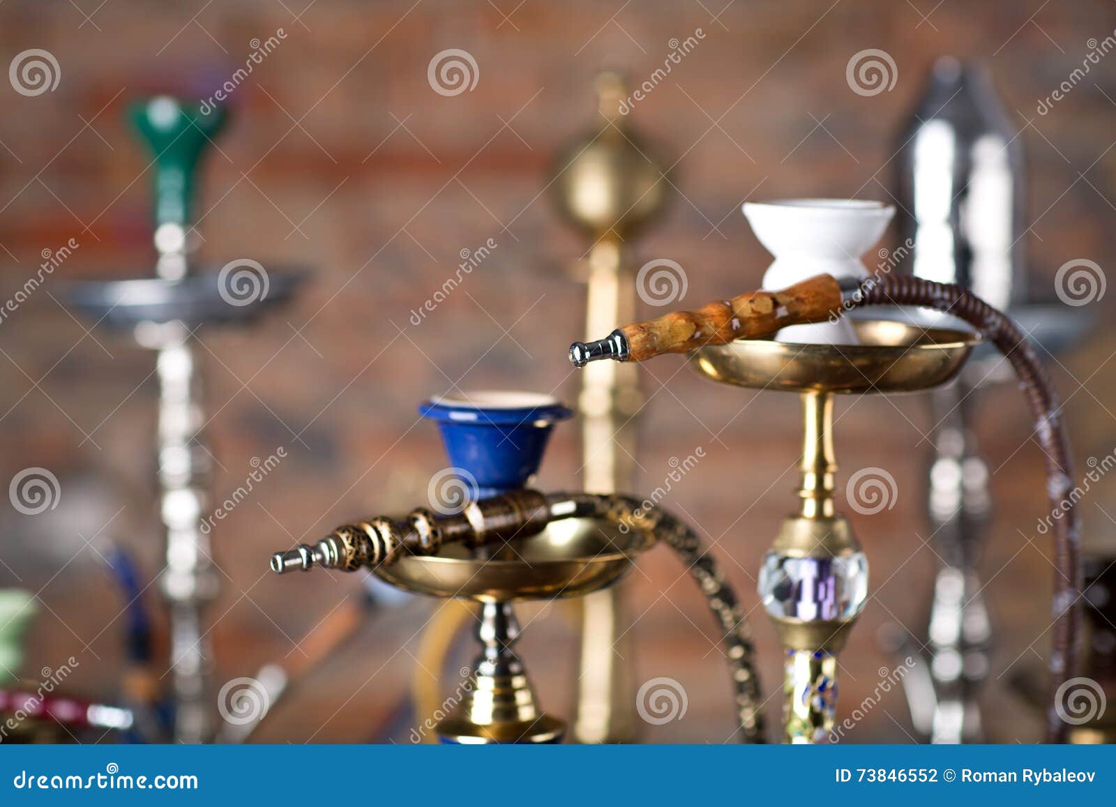 Group of Eastern Hookahs on Table Stock Photo - Image of inhalation ...