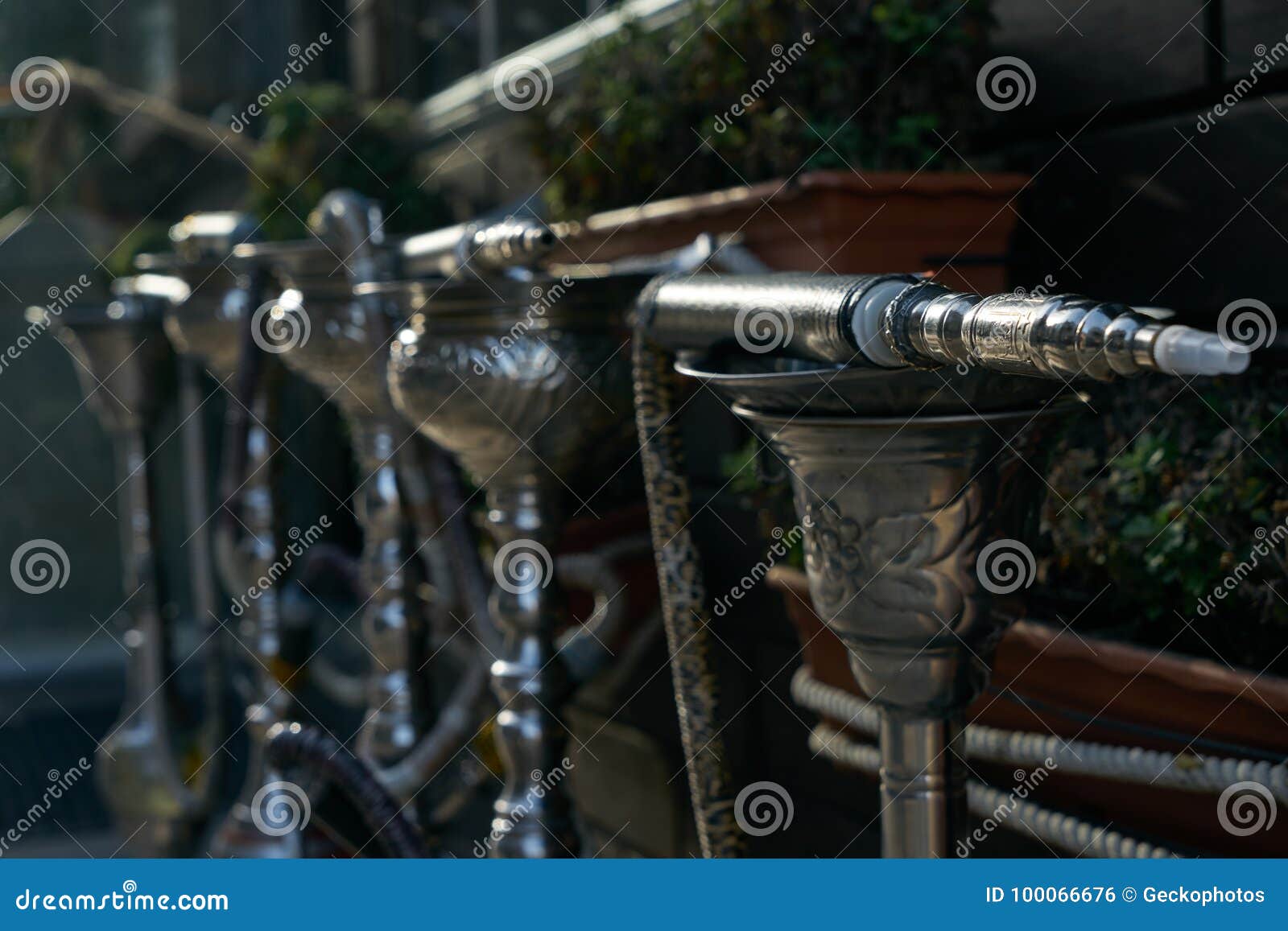 Group of Eastern Silver Hookahs on Hookah Stock Photo - Image of ...