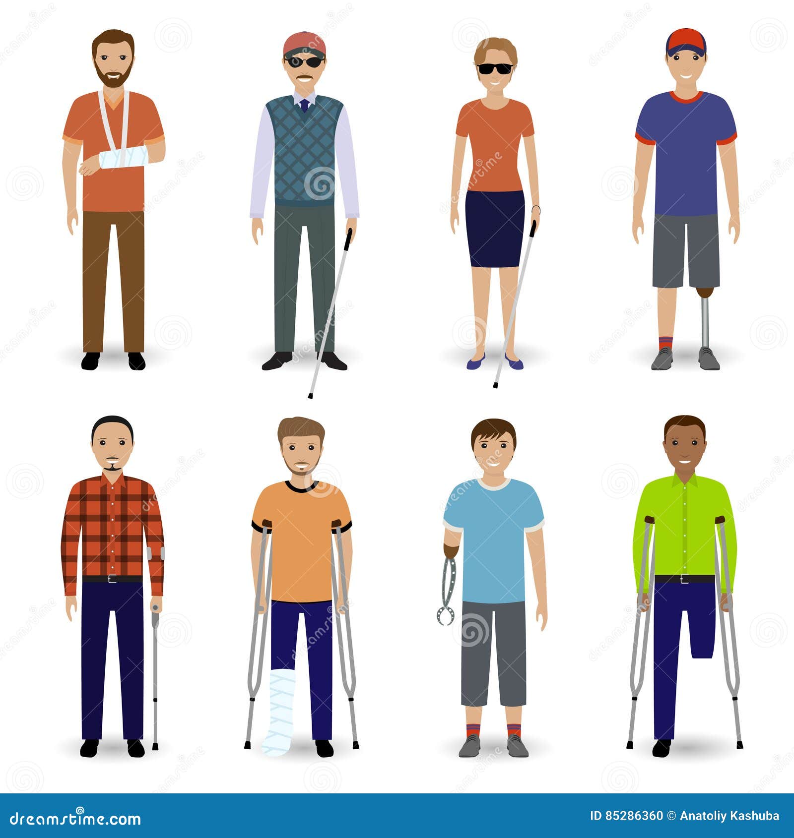 Disability People Cartoons With Wheelchair Prosthesis And Cast On Pink ...