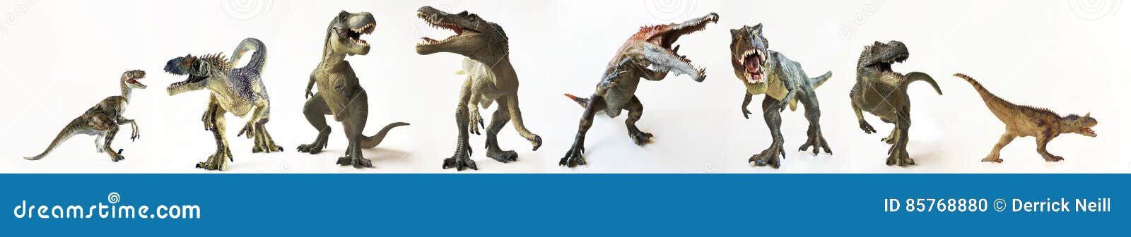 A Group of Eight Dinosaurs in a Row Stock Photo - Image of flesh, teeth ...