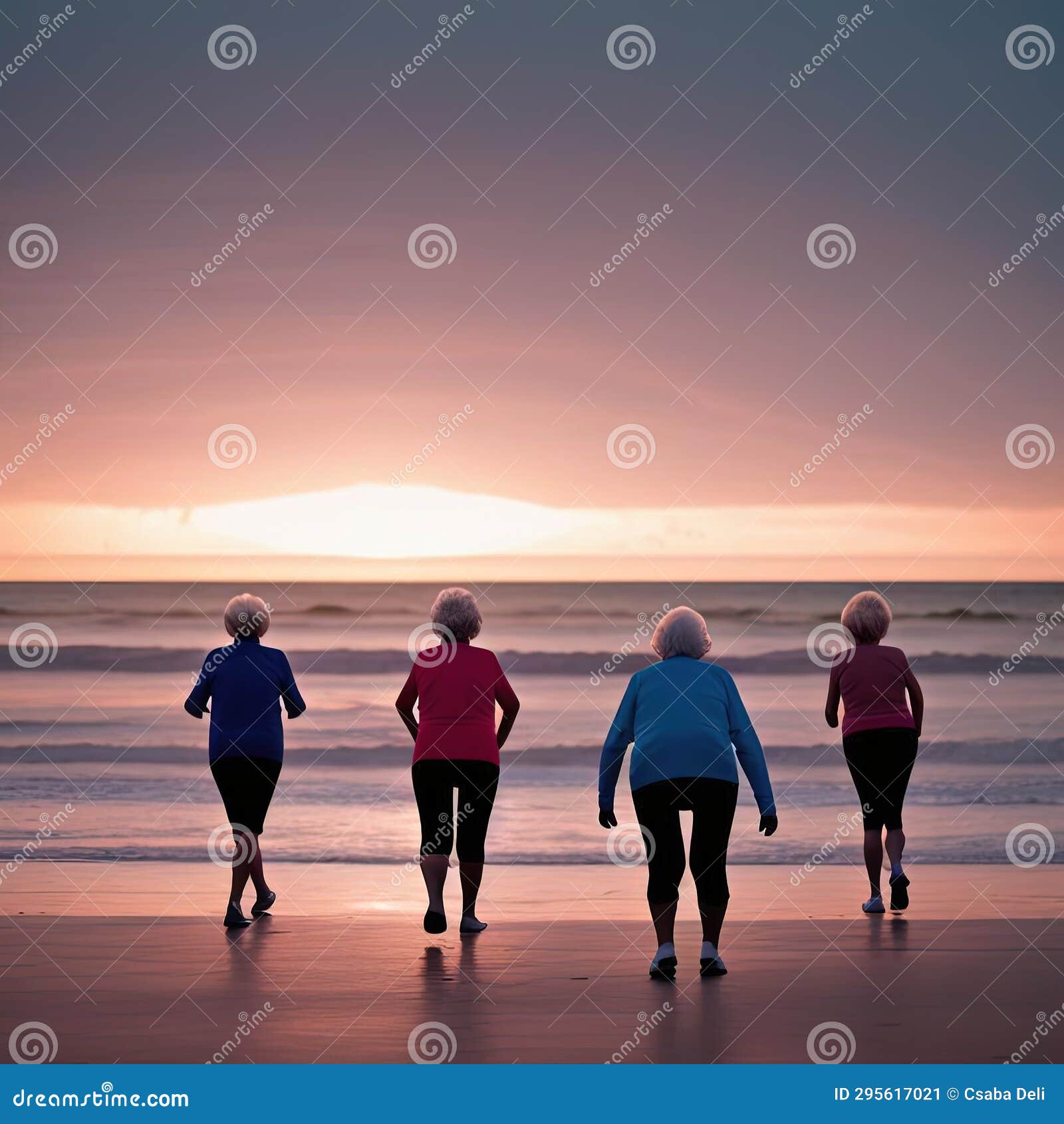 A Group Of Elderly People Are Doing Exercises At The Seashore At Sunset ...