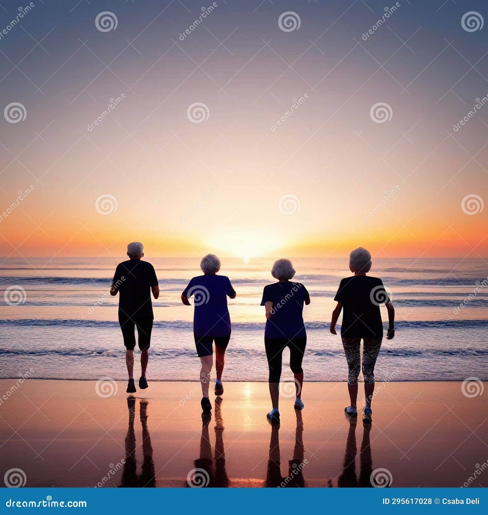 A Group of Elderly People are Doing Exercises at the Seashore at Sunset ...