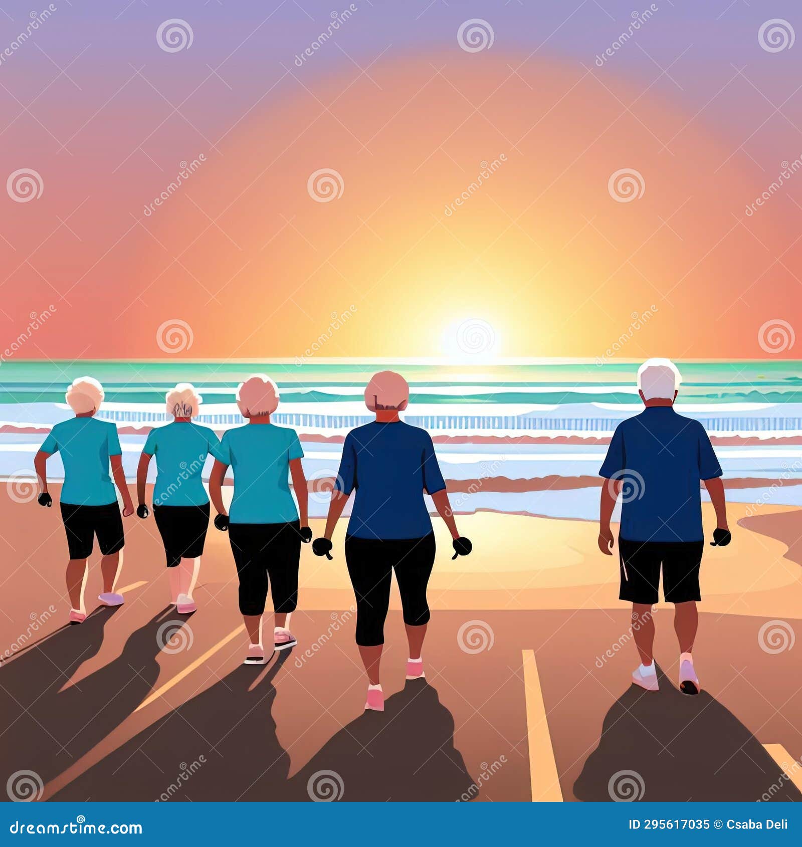 A Group Of Elderly People Are Doing Exercises At The Seashore At Sunset ...