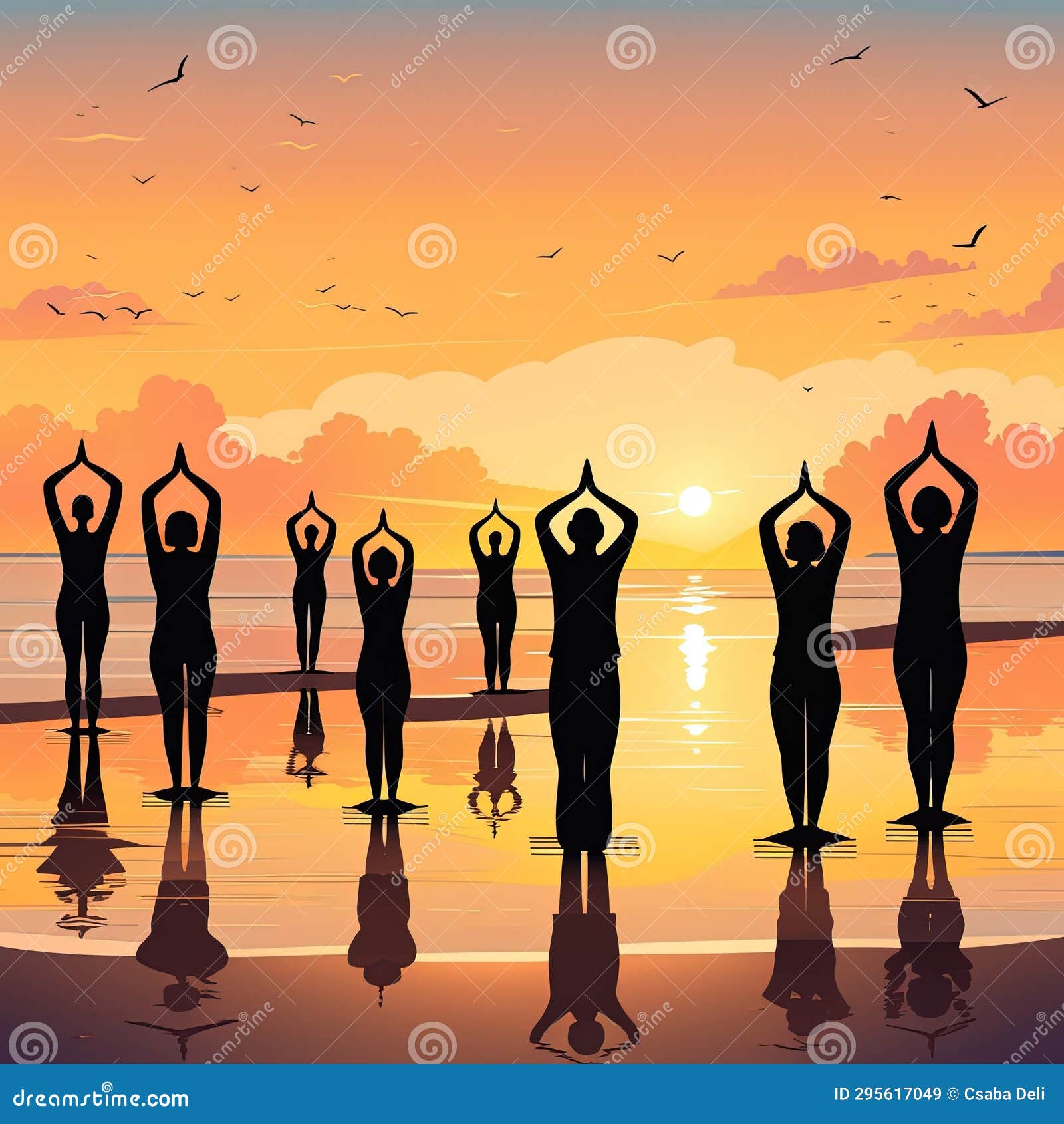 A Group Of Elderly People Are Doing Exercises At The Seashore At Sunset ...