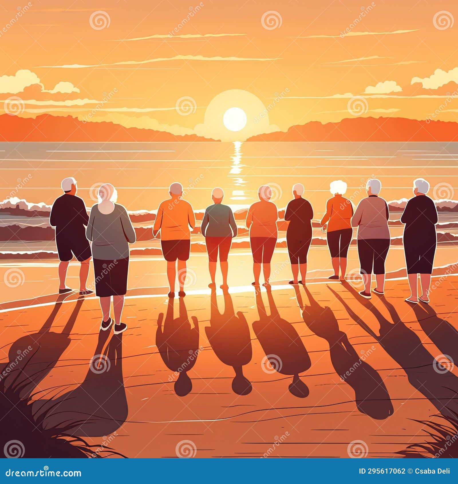 A Group of Elderly People are Doing Exercises at the Seashore at Sunset ...