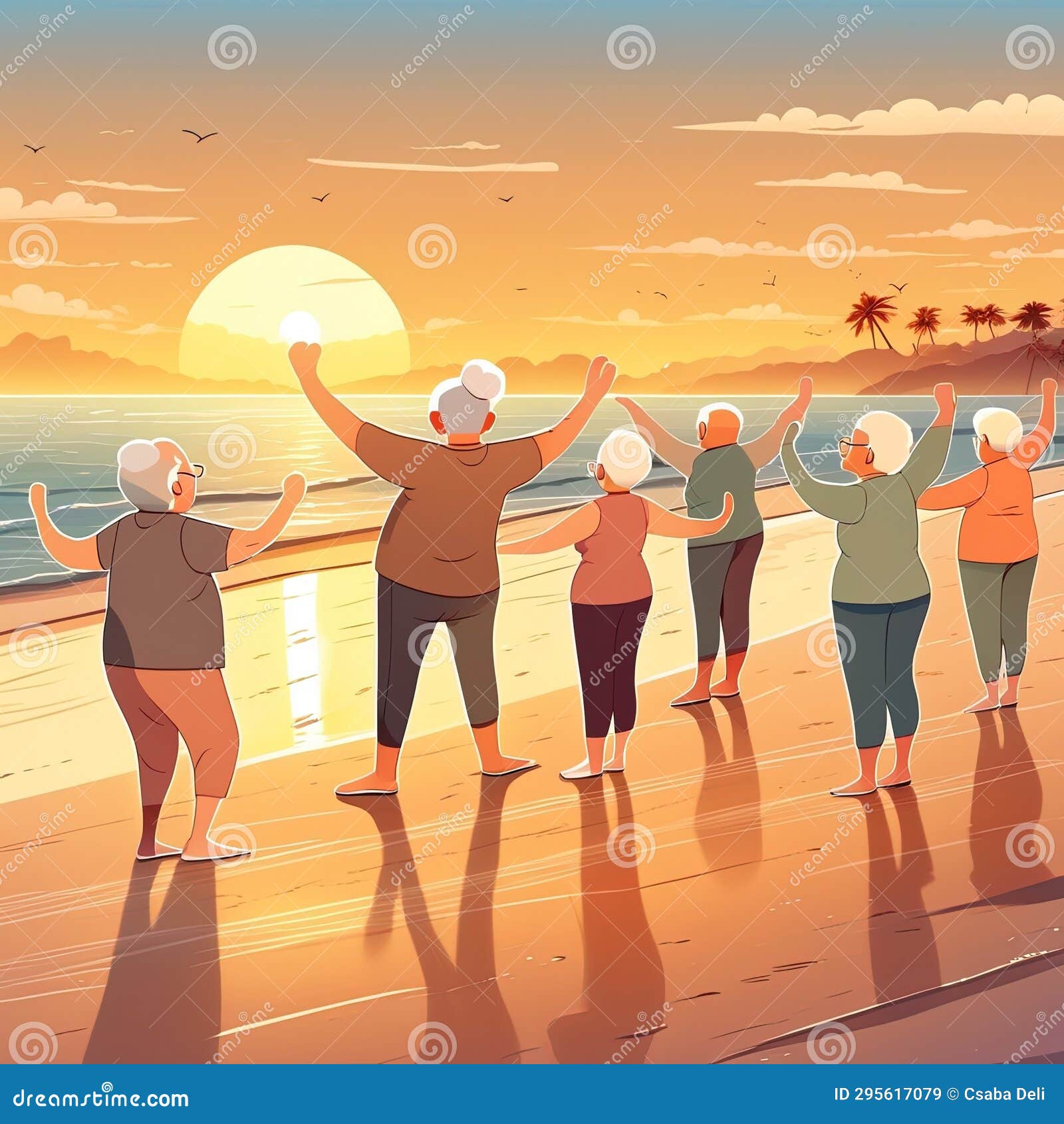 A Group of Elderly People are Doing Exercises at the Seashore at Sunset ...
