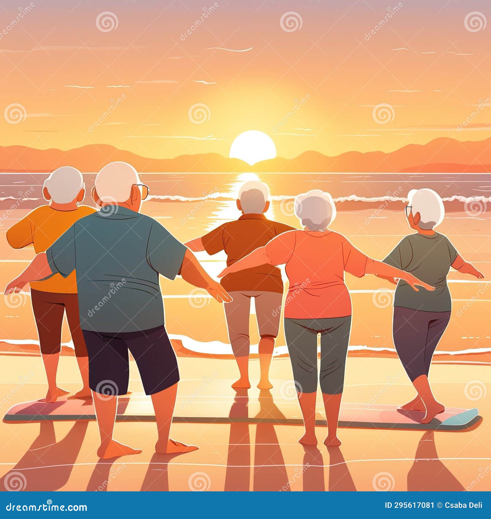 A Group of Elderly People are Doing Exercises at the Seashore at Sunset ...