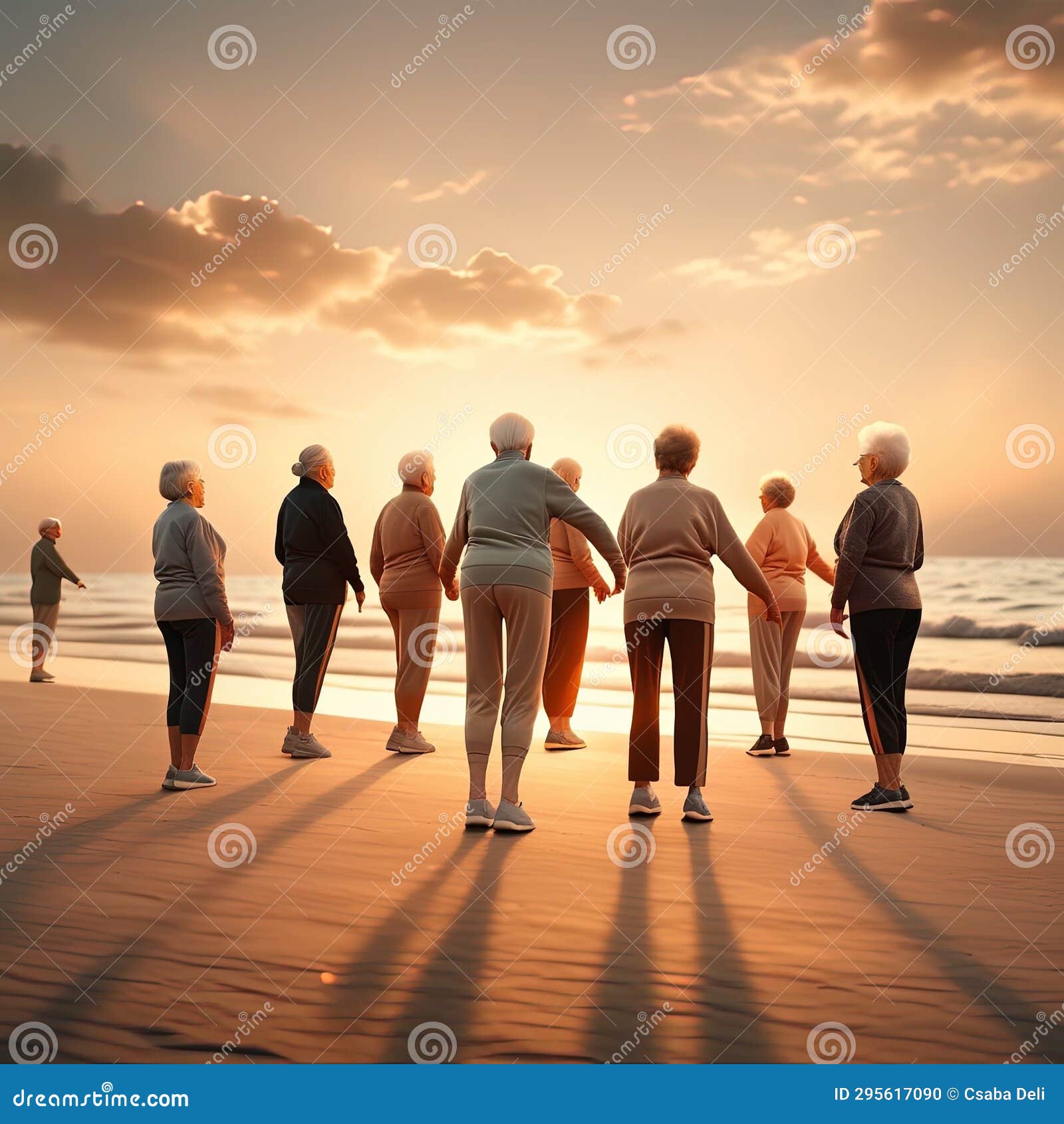 A Group of Elderly People are Doing Exercises at the Seashore at Sunset ...