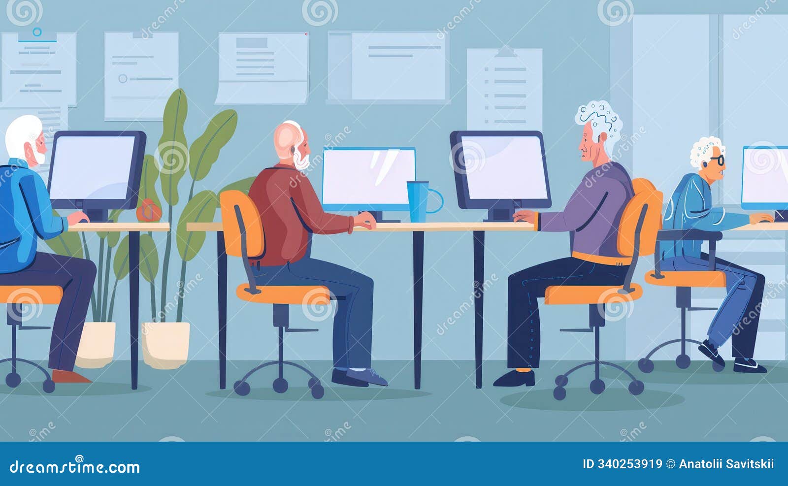 A Group of Elderly People Engage in Learning Computer Skills, Focused ...