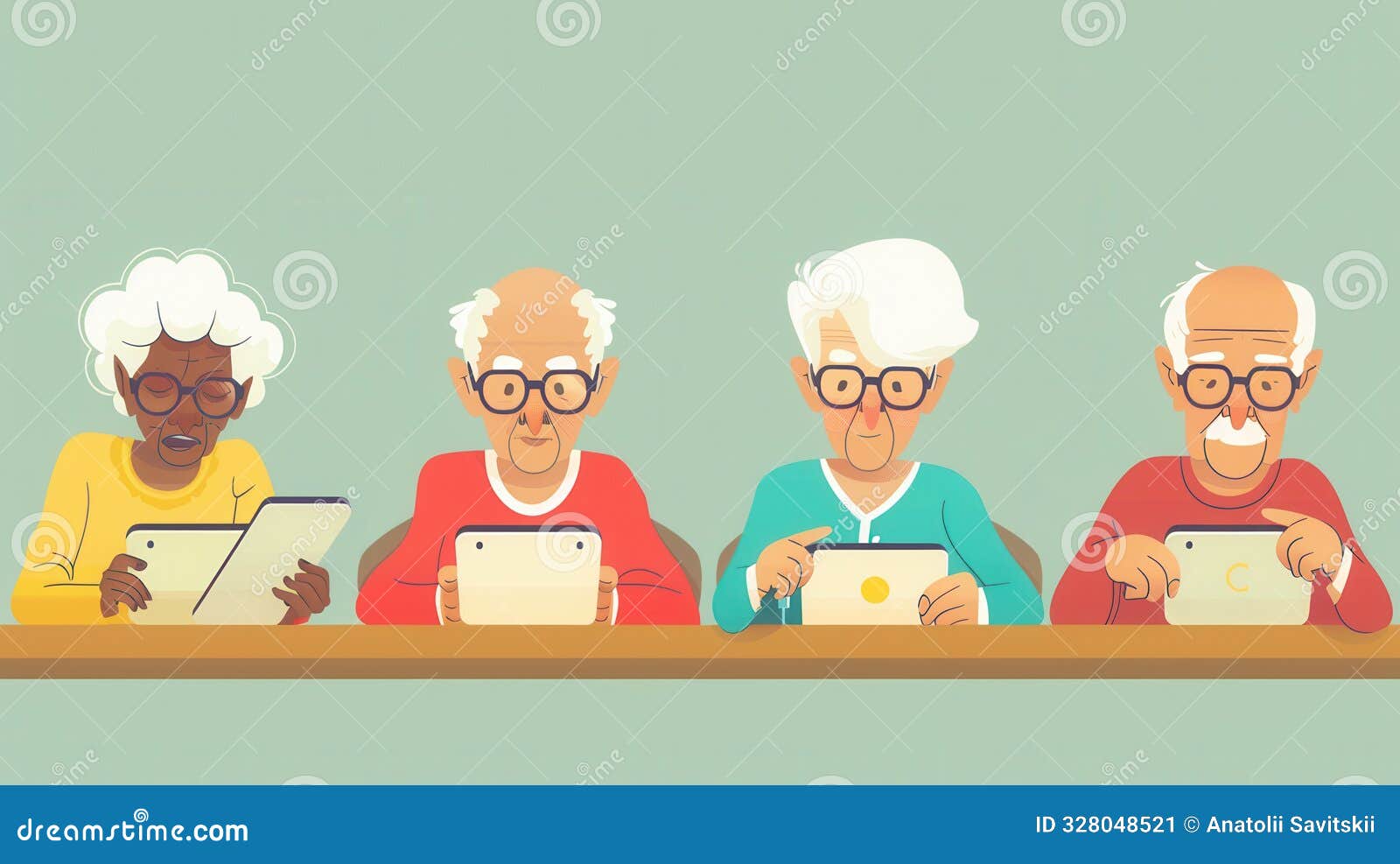 A Group of Elderly People Share a Light Moment Using Tablets while ...