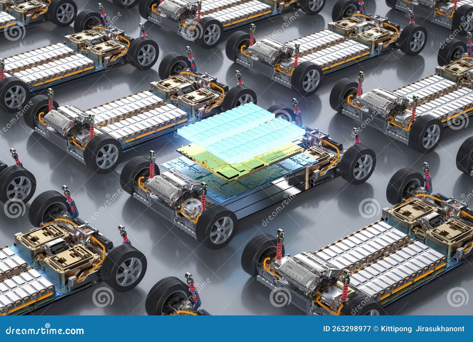 Group of Electric Cars with Pack of Battery Cells Module on Platform ...
