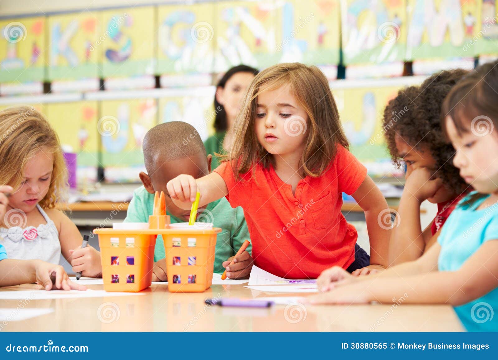 Group of Elementary Age Children in Art Class with Teacher Stock Image ...