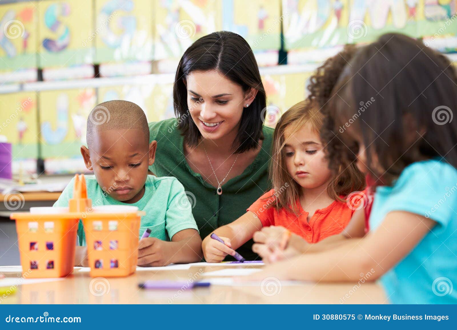 Group of Elementary Age Children in Art Class with Teacher Stock Image ...