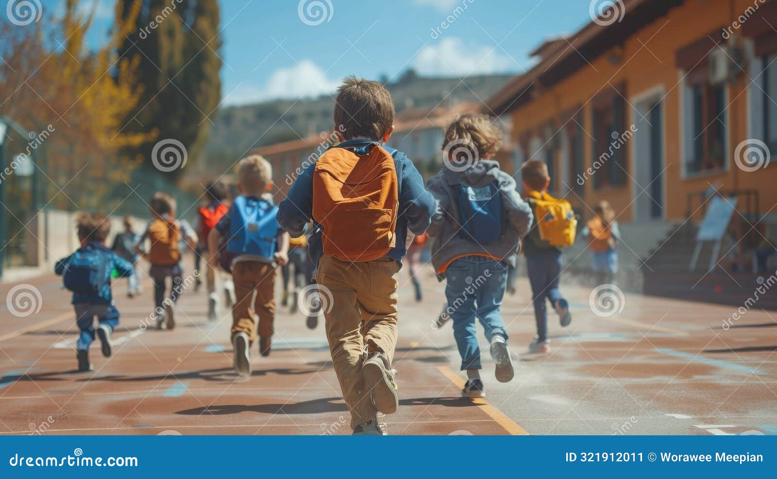 Group of Elementary School Kids Running at School. Back To School ...