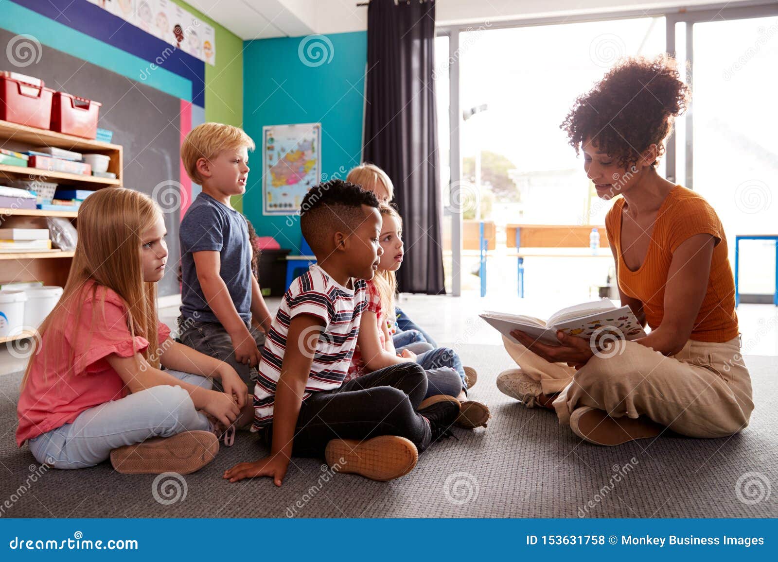 Group of Elementary School Pupils Sitting on Floor Listening To Female ... Group of Elementary School Pupils Sitting on Floor Listening To Female ...