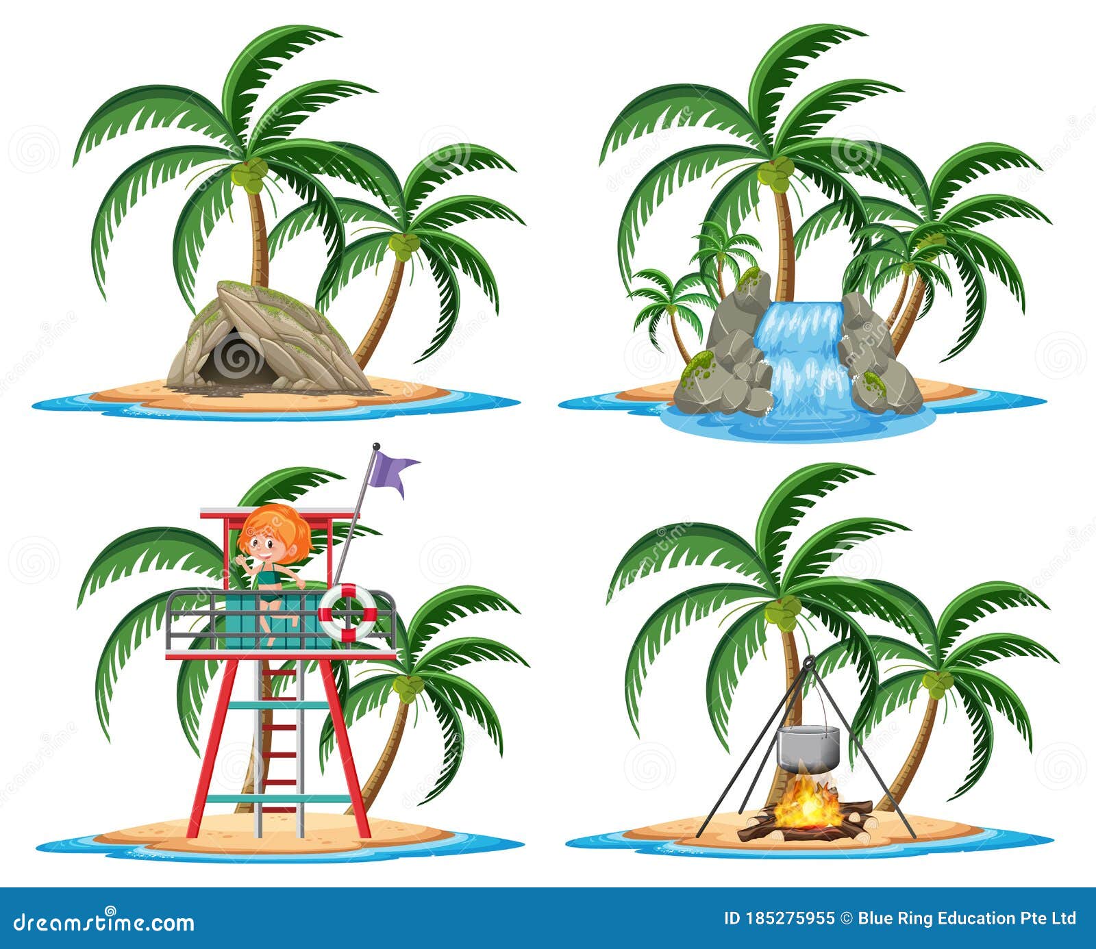 Group of Elements in Tropical Island Cartoon Style on White Backgroud ...