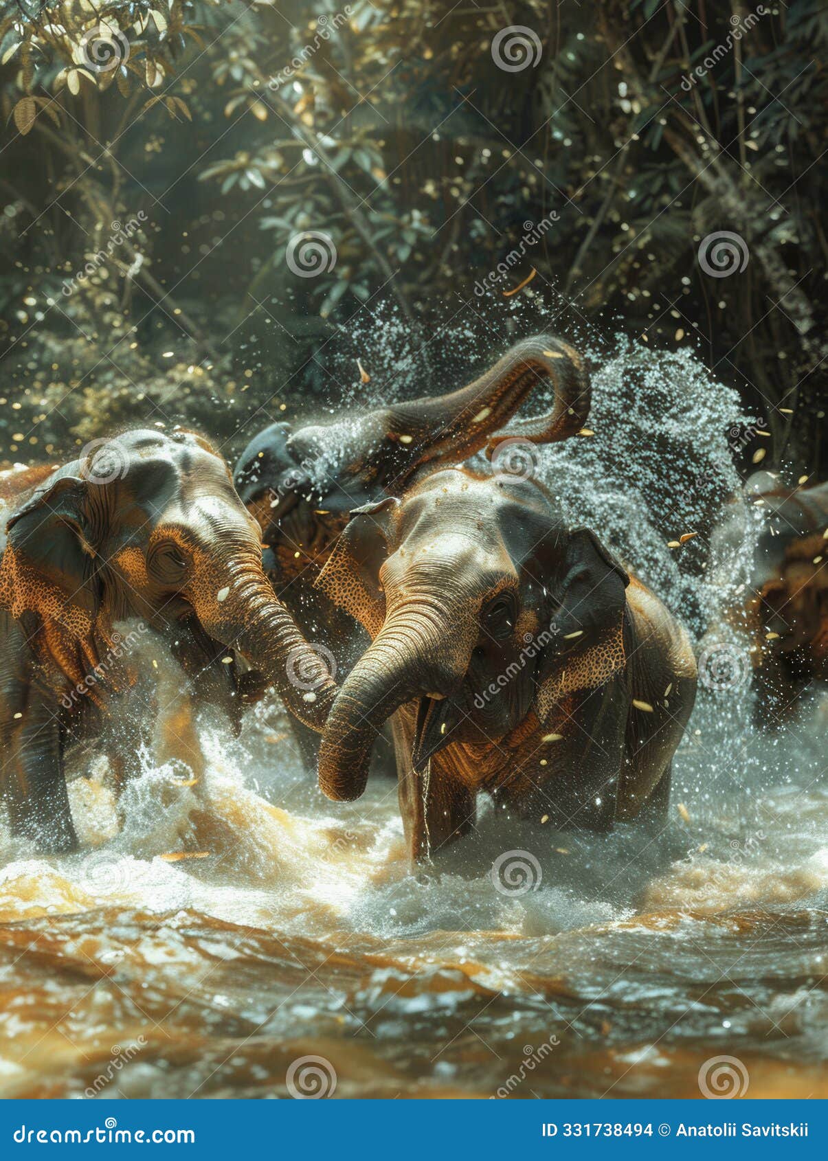 A Group of Elephants Joyfully Bathe and Splash Water in a River ...