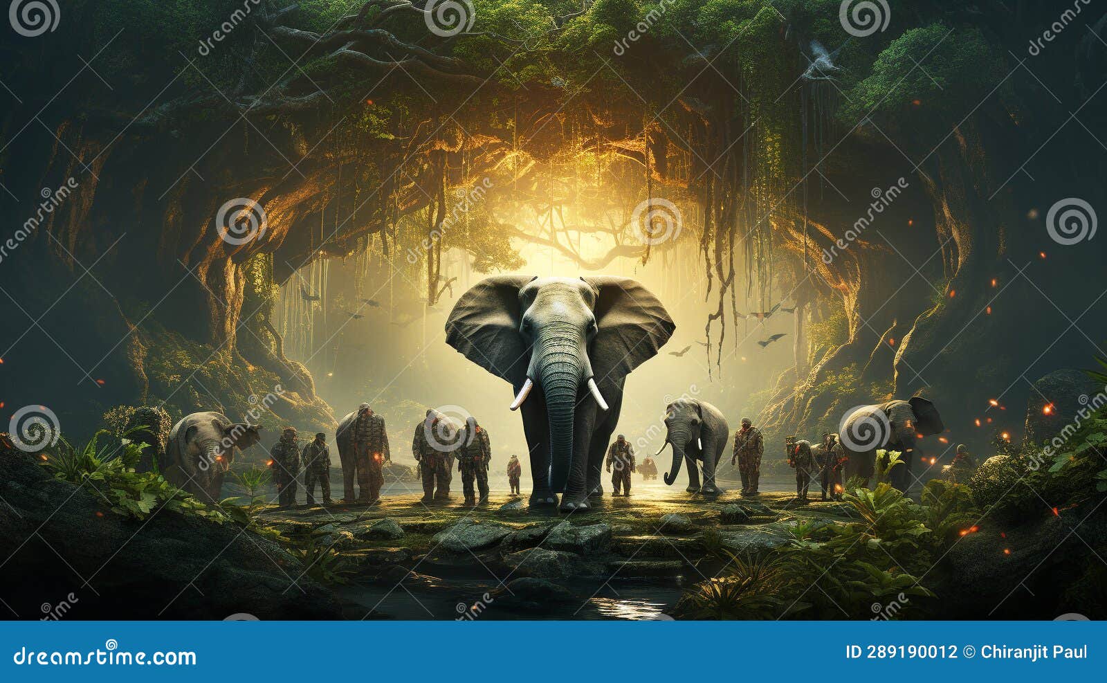 Group of Elephants Under the Big Green Tree in the Wilderness Stock ...