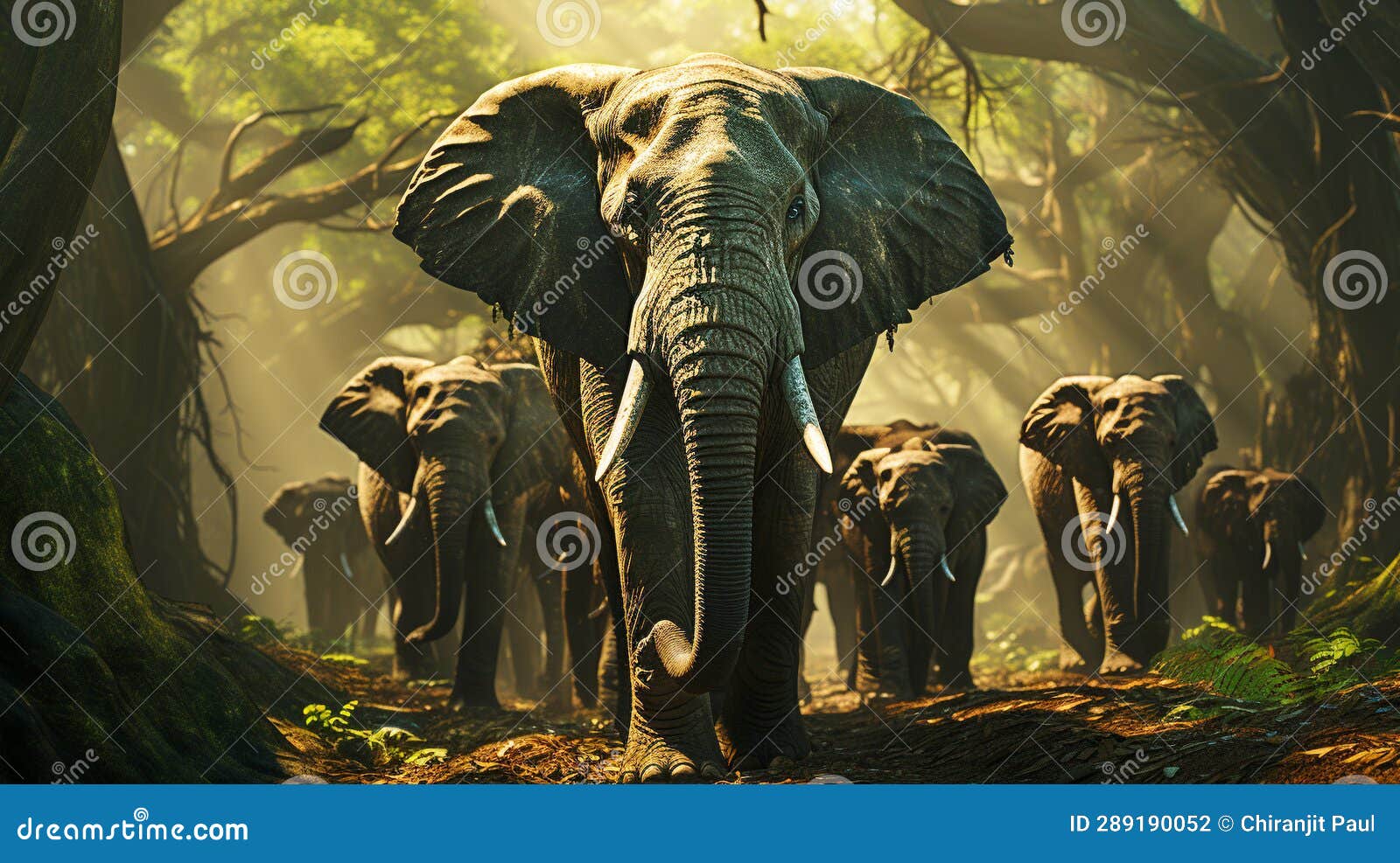 Group of Elephants Under the Big Green Tree in the Wilderness Stock ...