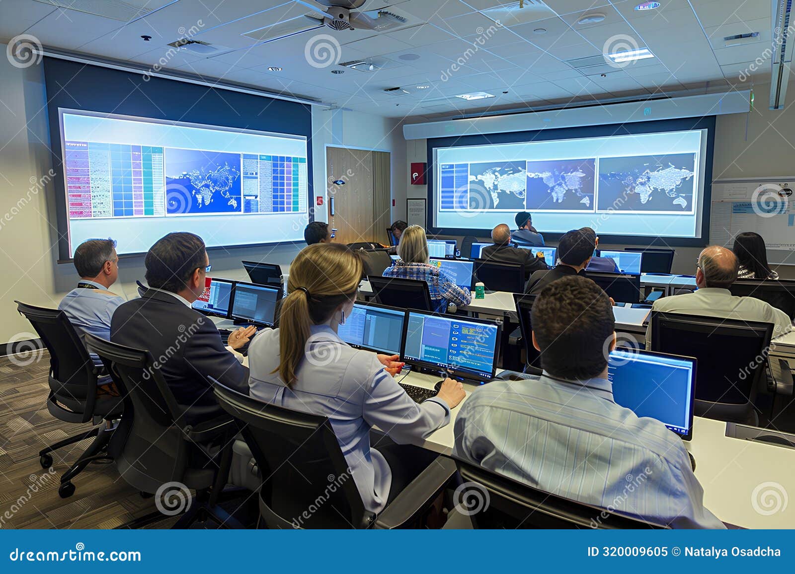 A Group of Employees Sit in Front of Their Computers Stock Illustration ...