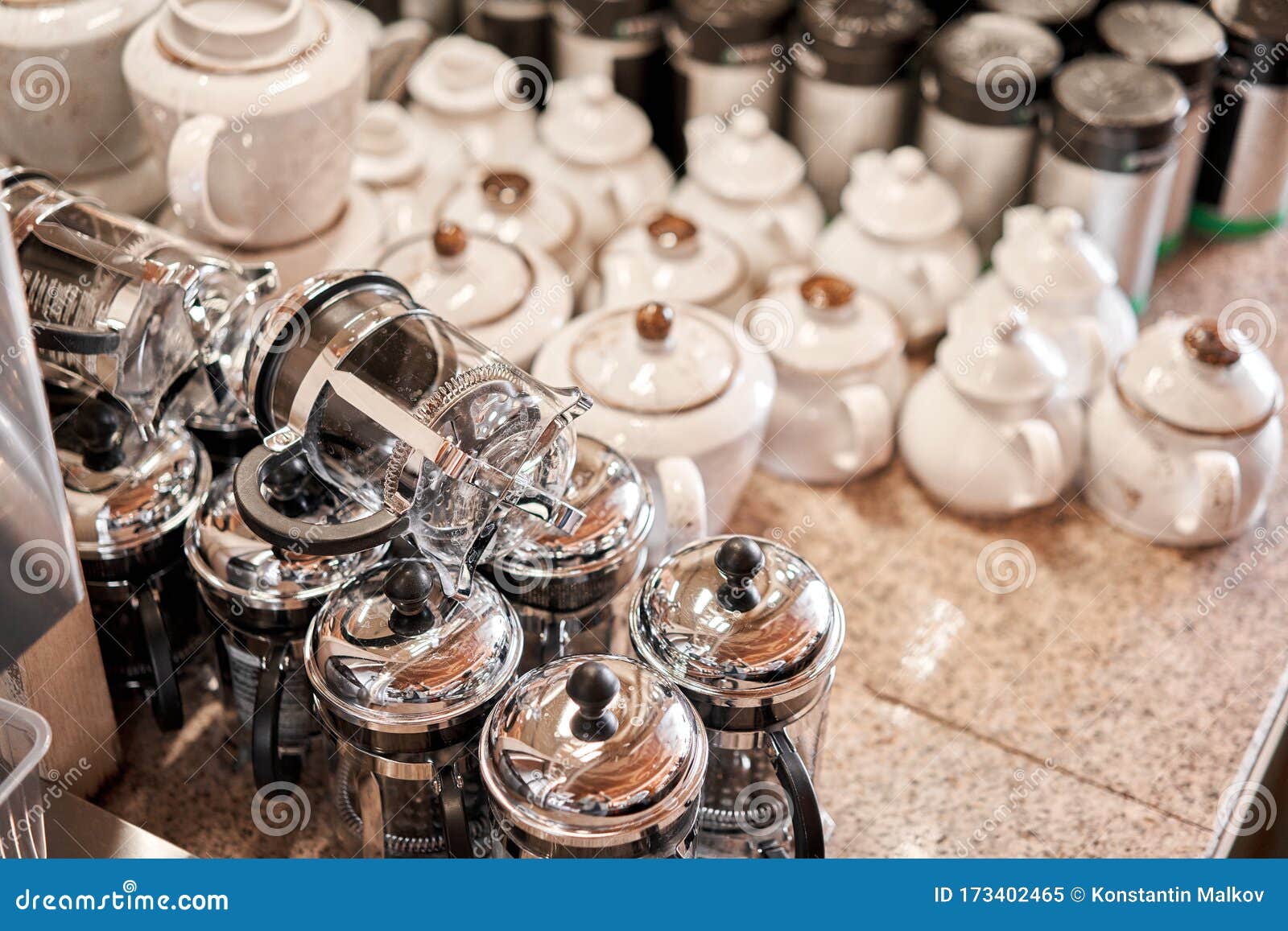 Group of Empty Cups and Teapots in Many Rows. Tableware for Coffee and ...