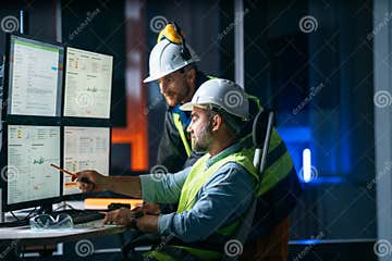 Group of Engineer Control Process of Production Uses Computer with ...